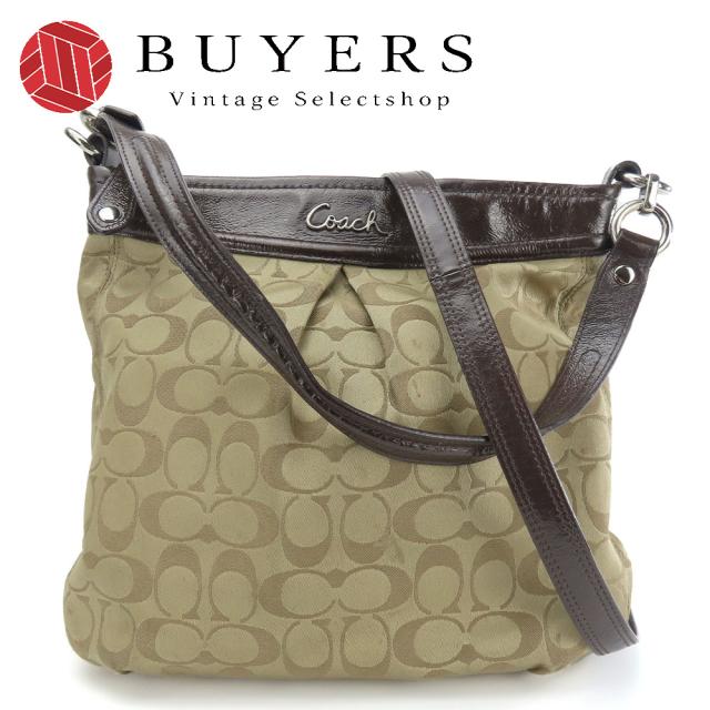 中古 コーチ ショルダーバッグ F20111 シグネチャー キャンバス パテントレザー ダークブラウン ベージュ シルバー金具 2WAY 斜め掛け カジュアル レディース 女性 COACH