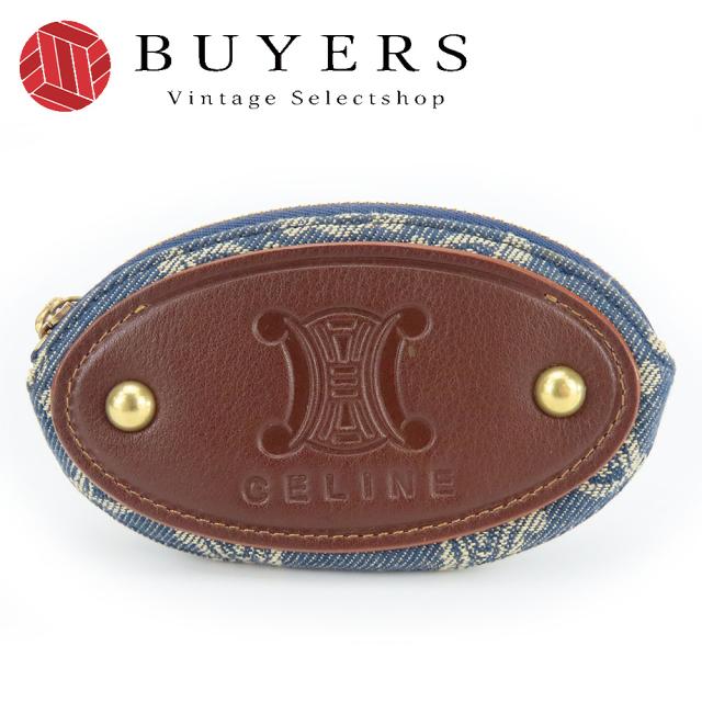 中古 セリーヌ ケース マカダム デニム レザー ブルー ブラウン ゴールド金具 キーリング 小物 普段使い レディース 女性 CELINE