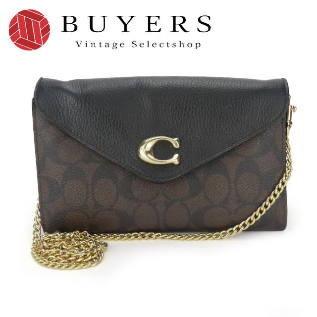 中古 コーチ ショルダーバッグ C7301 シグネチャー レザー ブラック ダークブラウン ゴールド金具 クラッチ 2WAY チェーンウォレット レディース 女性 COACH
