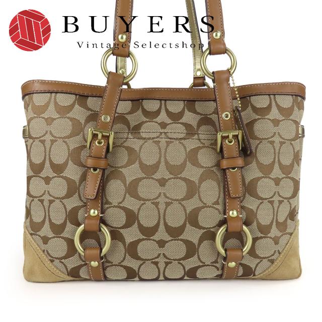 中古 コーチ トートバッグ 10384 シグネチャー キャンバス スウェード レザー ブラウン ベージュ ゴールド金具 肩掛け 普段使い レディース 女性 COACH