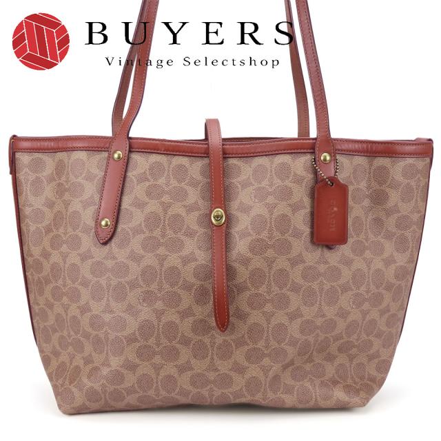 中古 コーチ トートバッグ 32714 シグネチャ— レザー PVC ベージュ ブラウン ゴールド金具 肩掛け A4サイズ 通勤 通学 レディース 女性 COACH