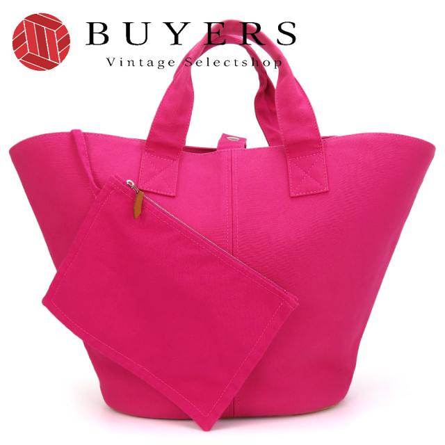 中古 エルメス トートバッグ パニエドプラージュMM キャンバス ホットピンク シルバー金具 ポーチ付き カジュアル レディース 女性 HERMES