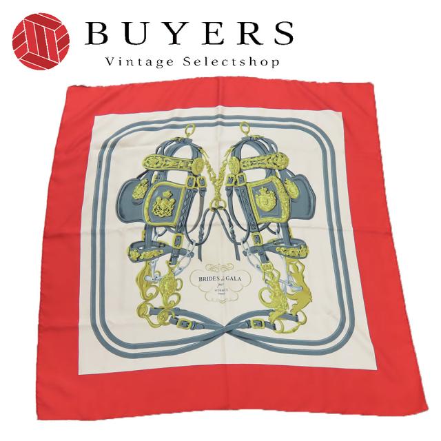 中古 エルメス スカーフ カレ90 シルク レッド ゴールド グレー 式典用馬勒 アパレル レディース 女性 HERMES
