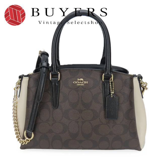 中古 コーチ ショルダーバッグ F50054 シグネチャー レザー ダークブラウン ブラック アイボリー ゴールド金具 2WAY ミニ ハンドバッグ レディース 女性 COACH