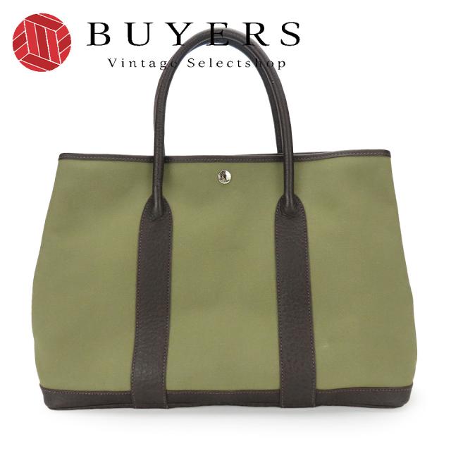 中古 エルメス トートバッグ ガーデンパーティPM キャンバス レザー カーキ ブラウン シルバー金具 □F刻印 カジュアル 普段使い レディース メンズ HERMES