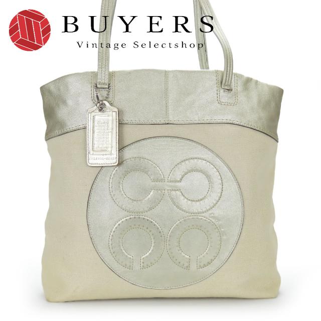 中古 コーチ トートバッグ 15014 オプアート キャンバス レザー アイボリー シルバー 肩掛け カジュアル レディース 女性 COACH