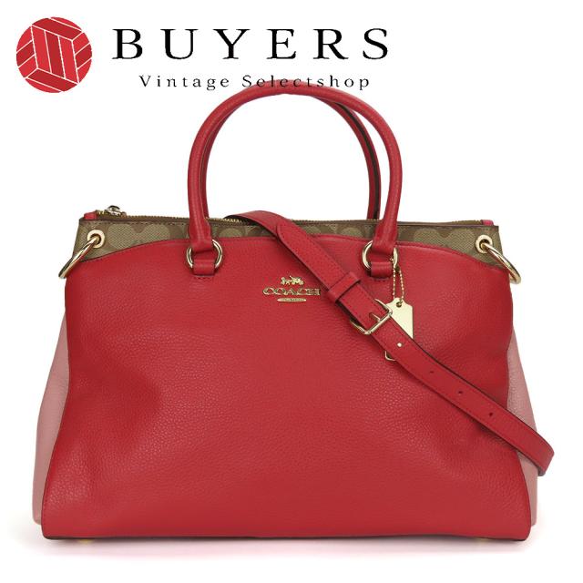 中古 コーチ ハンドバッグ F84428 シグネチャー レザー レッド ブラウン ベージュ ゴールド金具 ショルダーバッグ 2WAY レディース 女性 COACH