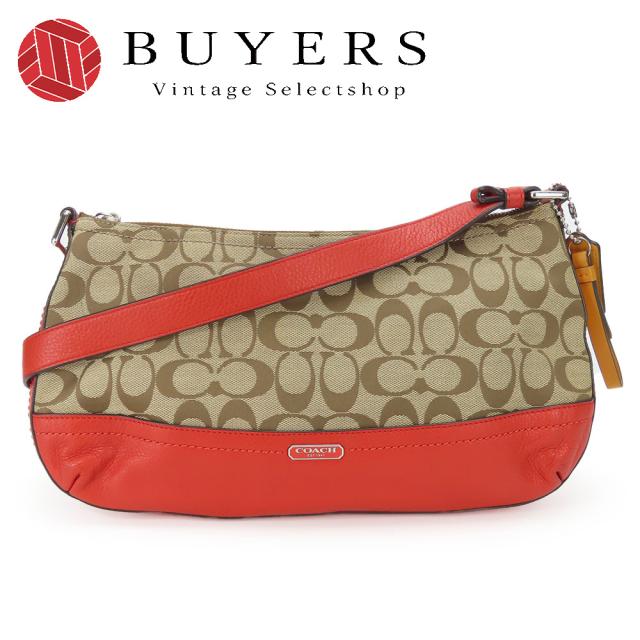中古 コーチ ショルダーバッグ F24028 シグネチャー キャンバス レザー レッド ブラウン シルバー金具 斜め掛け カジュアル 普段使い レディース 女性 COACH
