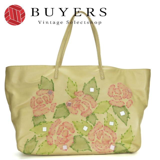 中古 フェンディ トートバッグ ロールバッグ レザー ベージュ ピンク グリーン シルバー金具 肩掛け 花柄 A4対応 レディース 女性 FENDI