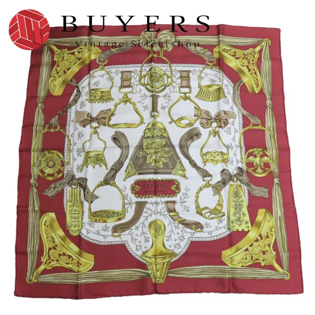 中古 エルメス スカーフ カレ90 シルク レッド ホワイト イエロー おしゃれ 馬具柄 ETRIERS レディース 女性 HERMES