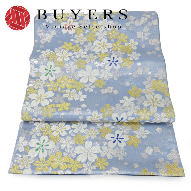 中古 袋帯 正絹(金銀糸除く) ブルーグレー ゴールド 振袖 訪問着 和装 呉服 和服 きもの レディース 女性