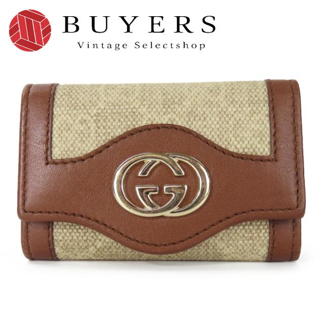中古 グッチ キーケース 282432 インターロッキング 6連 GGキャンバス カーフ ベージュ ブラウン ゴールド金具 アクセサリー 小物 普段使い レディース 女性 GUCCI