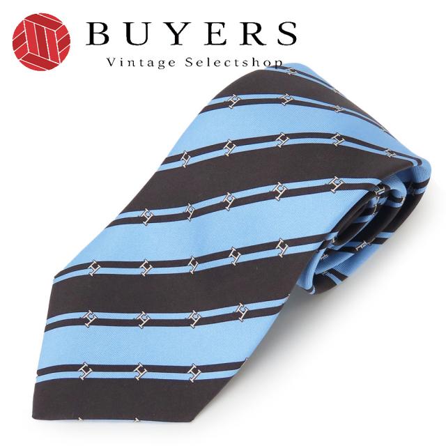 中古 エルメス ネクタイ Hロゴ シルク ブルー系 ダークブラウン レジメンタル スーツ ビジネス メンズ 男性 HERMES
