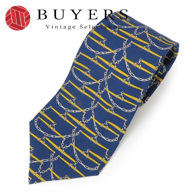 中古 エルメス ネクタイ シルク ネイビー イエロー 総柄 おしゃれ アパレル メンズ 男性 HERMES