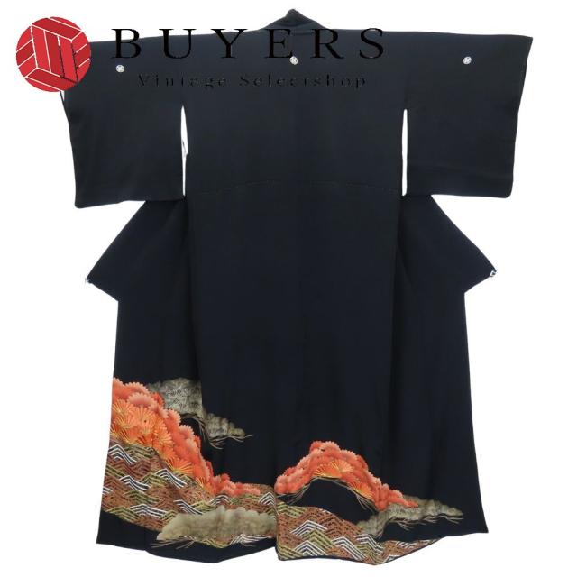 中古 留袖 正絹(金銀糸除く) 黒 朱 金 礼装 細輪に違い鷹の羽 笠松模様 和装 呉服 和服 きもの レディース 女性