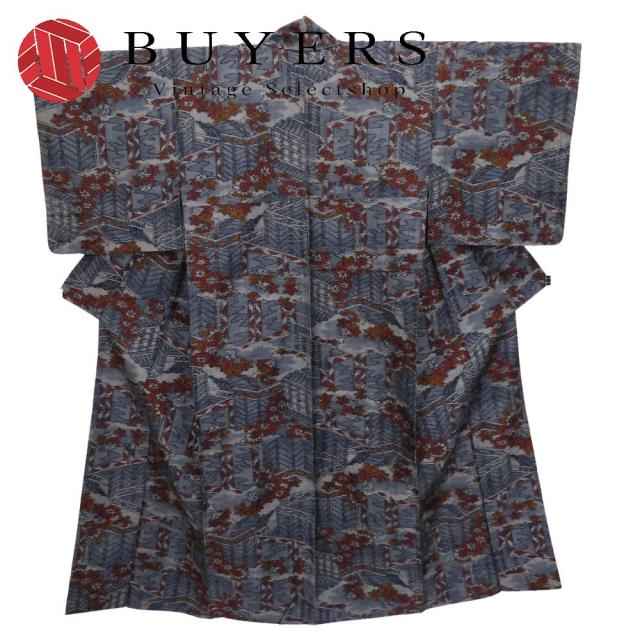 中古 紬 正絹 ブルーグレー オレンジ レッド 単衣 竜田川模様 和装 呉服 和服 きもの レディース 女性