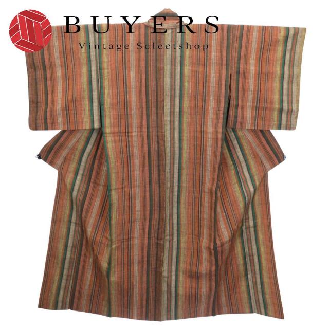 中古 紬 正絹 ブラウン オレンジ マルチカラー 単衣 洒落 和装 呉服 和服 きもの レディース 女性