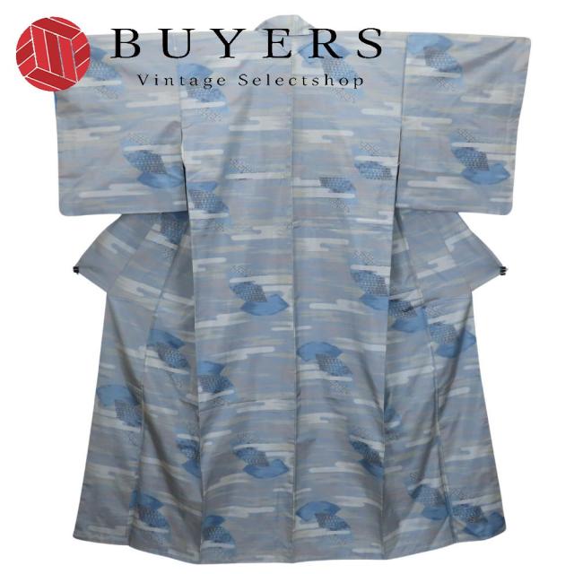 中古 紬 正絹 グレー ブルー系 大島 霞模様 扇模様 和装 呉服 和服 きもの レディース 女性