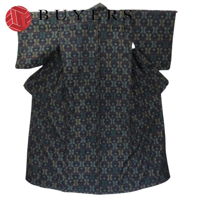 中古 紬 正絹 ブラック グリーン系 マルチカラー 洒落 単衣 総柄 和装 呉服 和服 きもの レディース 女性