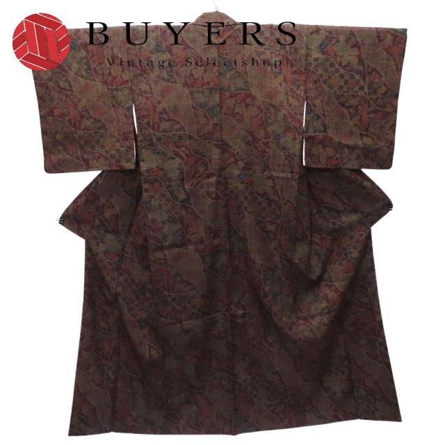 中古 紬 正絹 あずき 赤紫 辻が花 生紬きもの モダン 和装 呉服 和服 きもの レディース 女性