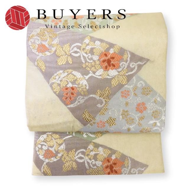 中古 袋帯 正絹 ゴールド パステルカラー 花柄 和装 呉服 和服 きもの レディース 女性
