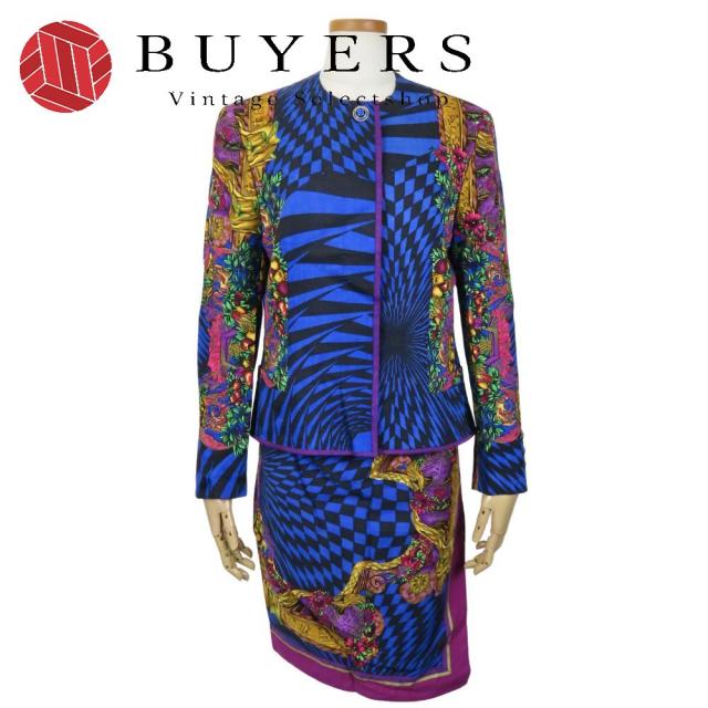 中古 ジャンニ・ヴェルサーチ セットアップ 総柄 スーツ 38 4 ウール ブルー パープル マルチカラー ジャケット スカート アパレル レディース 女性 Gianni Versace
