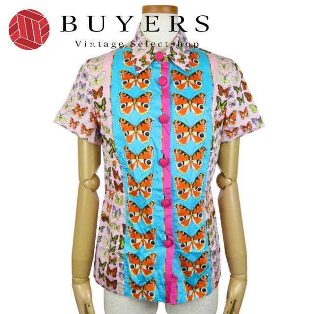 中古 ジャンニ・ヴェルサーチ 半袖シャツ 40 コットン ピンク ブルー マルチカラー バタフライ 総柄 アパレル レディース 女性 Gianni Versace