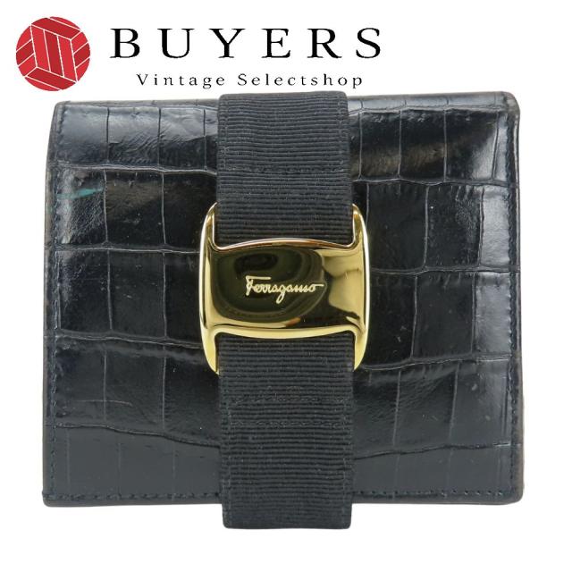 中古 サルヴァトーレフェラガモ 二つ折り財布 223053 ヴァラ レザー ブラック ゴールド金具 クロコ調型押し コンパクト 小物 レディース 女性 Salvatore Ferragamo