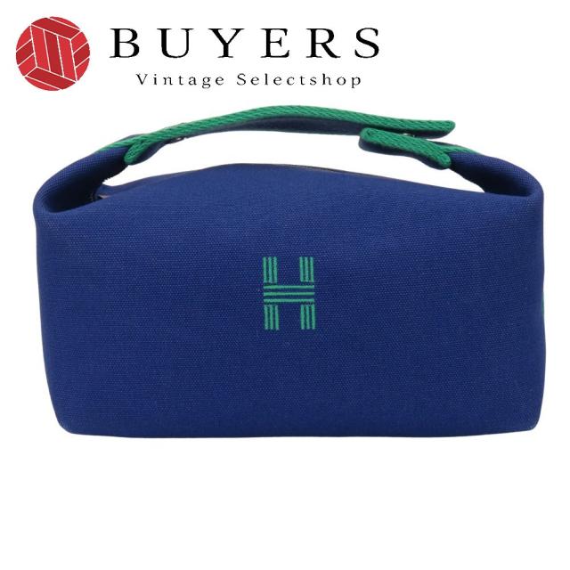 中古 エルメス ポーチ ブリッド・ア・ブラックPM コットン ネイビー グリーン シルバー金具 普段使い レディース 女性 HERMES