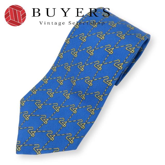 中古 エルメス ネクタイ 24 総柄 シルク ブルー ゴールド スーツ ビジネス アパレル メンズ 男性 HERMES