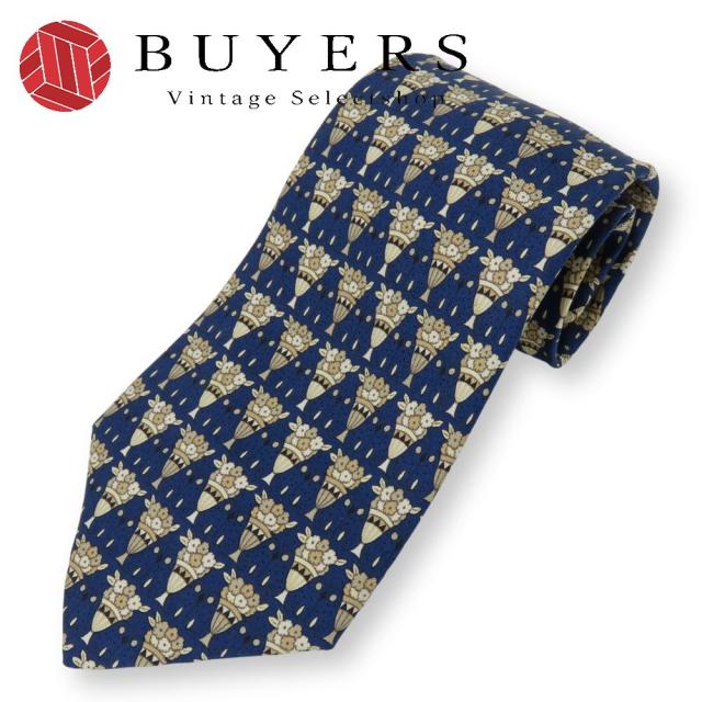 中古 エルメス ネクタイ 総柄 花束 シルク ネイビー ベージュ系 紳士 スーツ ビジネス メンズ 男性 HERMES