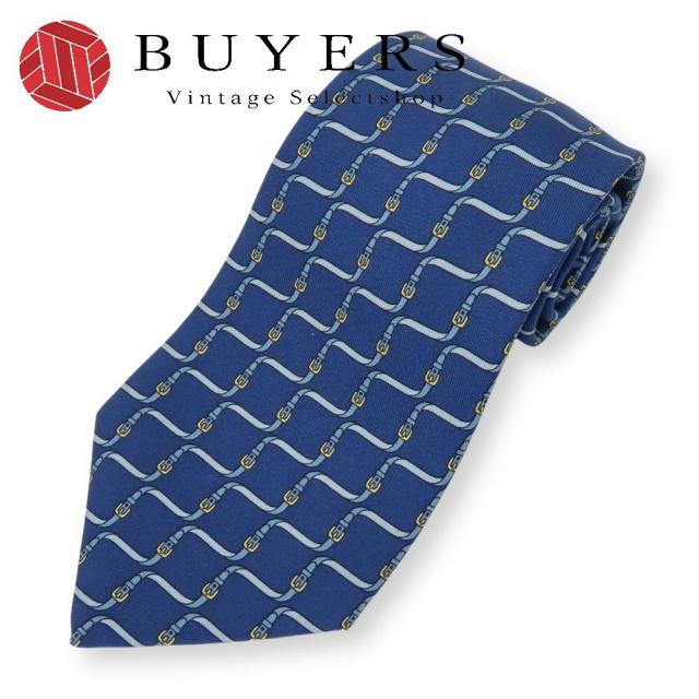 中古 エルメス ネクタイ ベルト柄 シルク ブルー系 紳士 スーツ ビジネス メンズ 男性 HERMES