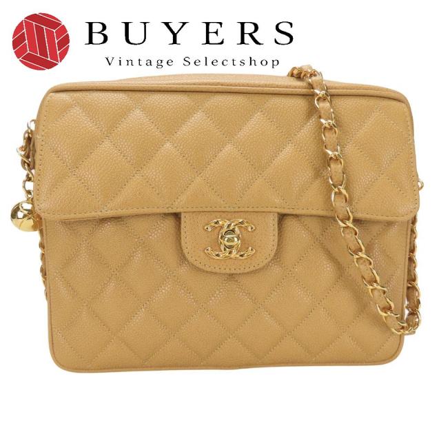 中古 シャネル ショルダーバッグ マトラッセ キャビアスキン ベージュ ゴールド金具 ココマーク 2番台 肩掛け レディース 女性 CHANEL