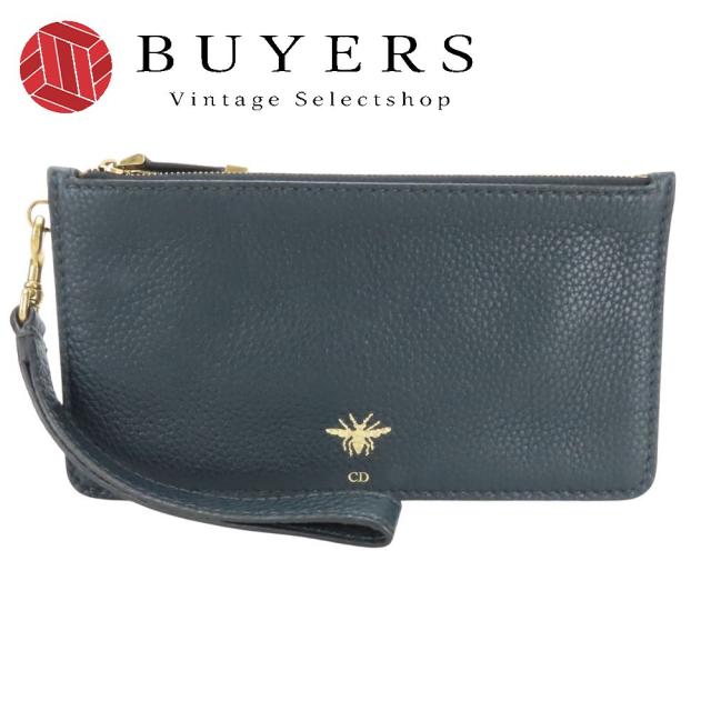 中古 クリスチャンディオール ポーチ 蜂 レザー ネイビー系 ゴールド金具 マルチケース クラッチ レディース 女性 Christian Dior