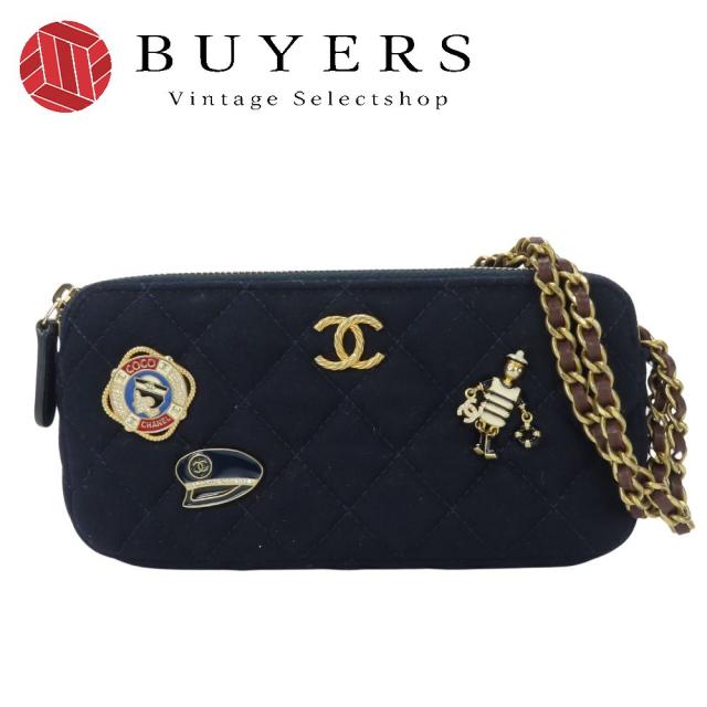 中古 シャネル ショルダーバッグ マリン コットン レザー ネイビー ゴールド金具 斜め掛け ポシェット チェーン レディース 女性 CHANEL