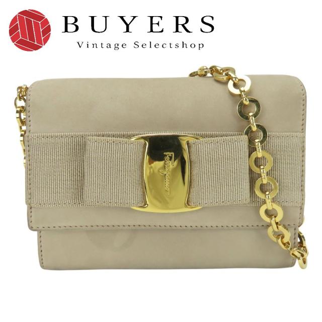 中古 サルヴァトーレフェラガモ ショルダーバッグ AQ213202 ヴァラリボン チェーンミニポシェット スウェード グレージュ ゴールド金具 斜め掛け 肩掛け ウエストポーチ レディース 女性 Salvatore Ferragamo