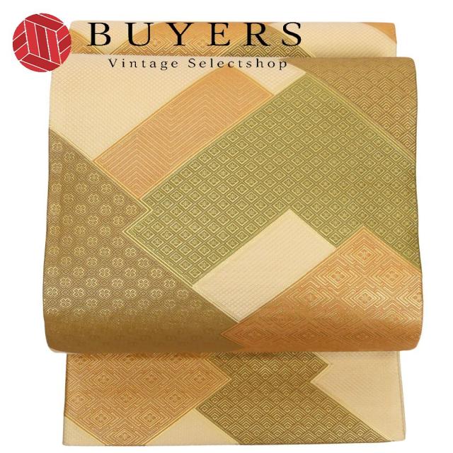 中古 袋帯 正絹(金銀糸除く) オフホワイト ベージュ ゴールド 佐賀錦 本場筑前博多織 和装 呉服 和服 きもの レディース 女性