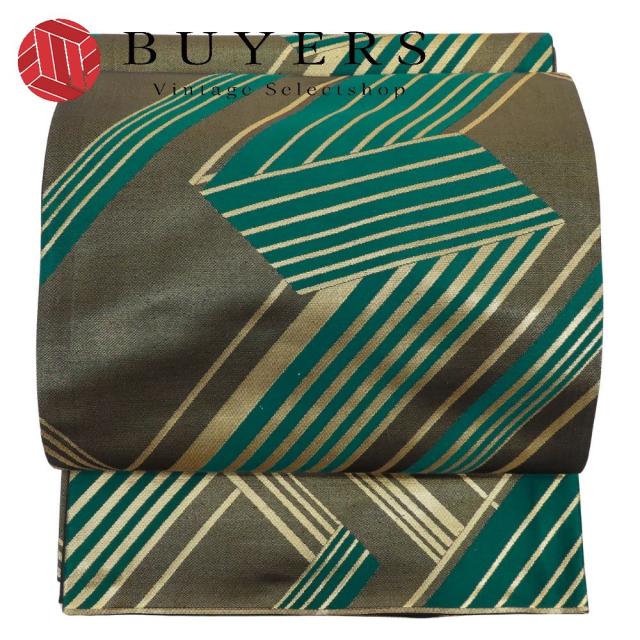 中古 袋帯 正絹(金銀糸除く) カーキ グリーン ゴールド 振袖 和装 呉服 和服 きもの レディース 女性
