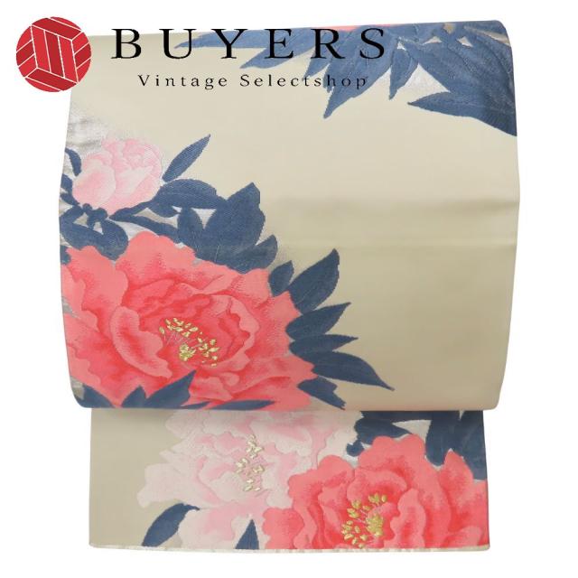 中古 袋帯 正絹(金銀糸除く) クリーム ピンク 藍色 牡丹 着物 和装 呉服 和服 きもの レディース 女性
