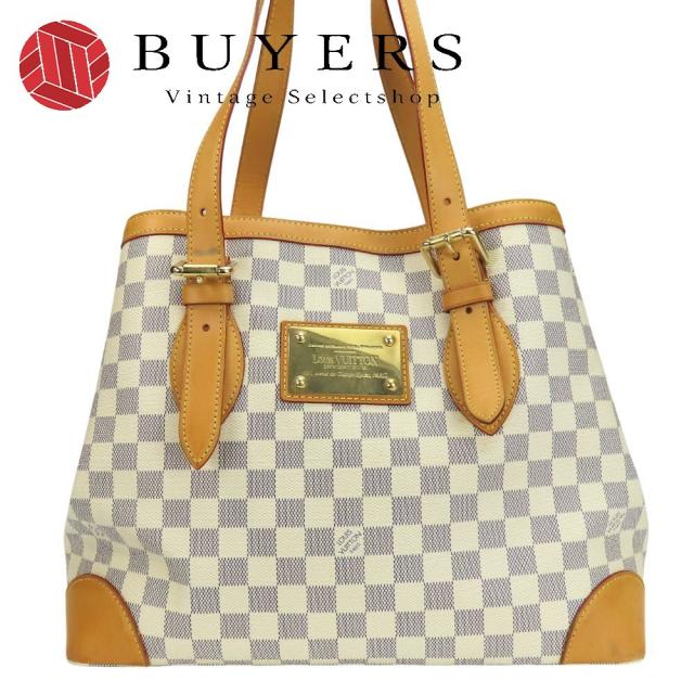 中古 ルイ・ヴィトン トートバッグ ハムステッドMM N51206 ダミエアズール ヌメ革 ホワイト ゴールド金具 肩掛け カジュアル 普段使い レディース 女性 LOUIS VUITTON
