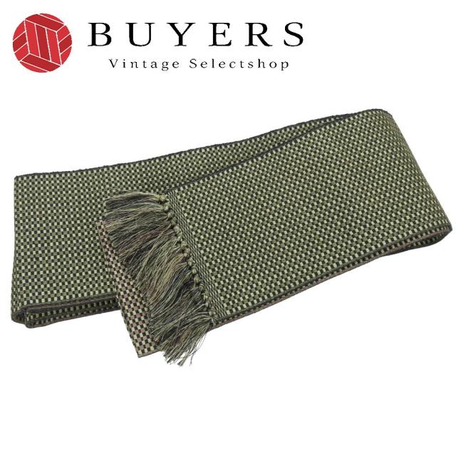 中古 男帯 正絹 カーキ カーキ  ベージュ リバーシブル 市松模様 角帯 和装 呉服 和服 きもの メンズ 男性