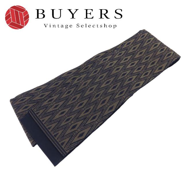 中古 男帯 正絹 ネイビー グレージュ系 川島織物 角帯 モダン 和装 呉服 和服 きもの メンズ 男性