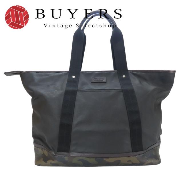 中古 コーチ トートバッグ ウィークエンドトート F70832 シグネチャー PVCコーティングキャンバス ブラック グリーン系 肩掛け 迷彩 カモフラ ボストンバッグ メンズ 男性 COACH