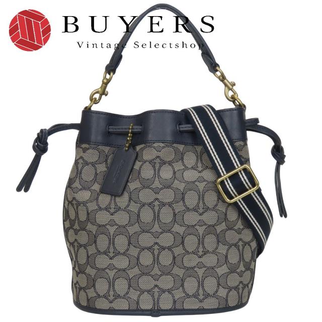 中古 コーチ ショルダーバッグ フィールド バケット C3853 シグネチャー キャンバス レザー ネイビー グレー系 2WAY 斜め掛け 肩掛け 巾着 手提げ レディース 女性 COACH