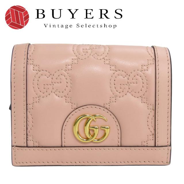 中古 極美品 グッチ 二つ折り財布 723786 GGマトラッセ レザー ピンク ゴールド金具 小物 コンパクトウォレット レディース 女性 GUCCI