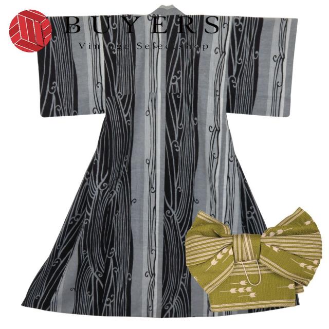 中古 浴衣 2点セット 作り帯 綿麻 ポリエステル グレー グリーン ブラック ホワイト系 注染ゆかた 変わり生地 粋 和装 呉服 和服 きもの レディース 女性