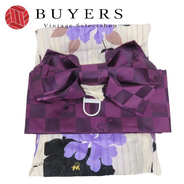 中古 浴衣 セット 作り帯 綿 ポリエステル ホワイト パープル 半巾帯 リボン 大人可愛い 和装 呉服 和服 きもの レディース 女性