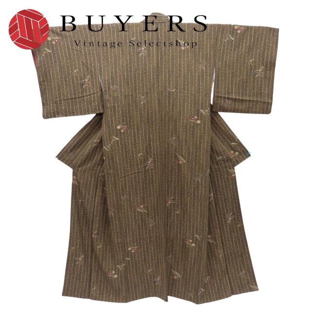 中古 小紋 Kimonossimo 正絹 こげ茶 モダン 渋可愛い 和装 呉服 和服 きもの レディース 女性