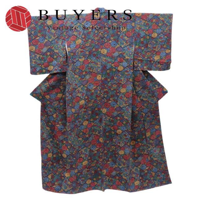 中古 小紋 しつけ糸あり 正絹(金銀糸除く) ブルー系 マルチカラー モダン レトロ お洒落 和装 呉服 和服 きもの レディース 女性