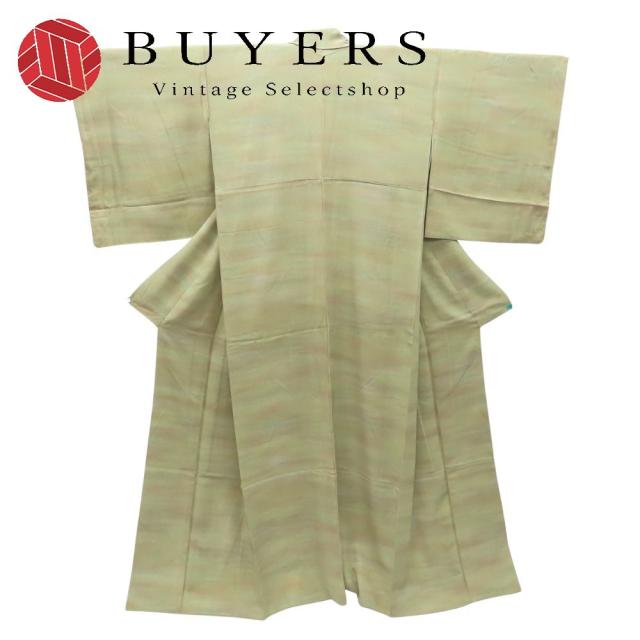 中古 色無地 叩き染め 正絹(金銀糸除く) カーキ系 モダン 渋格好良い お洒落 和装 呉服 和服 きもの レディース 女性